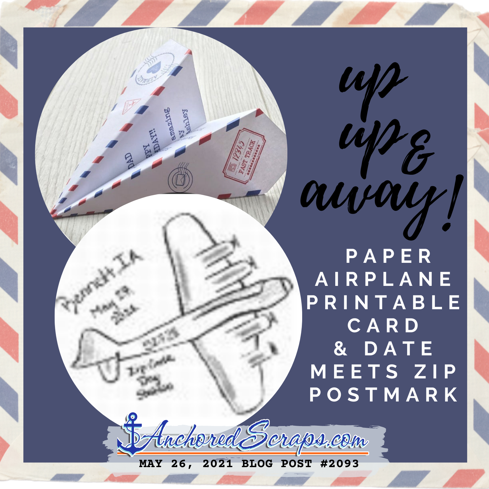 Up Up & Away! Paper Airplane Printable Card and Date Meets Zip Postmark ...